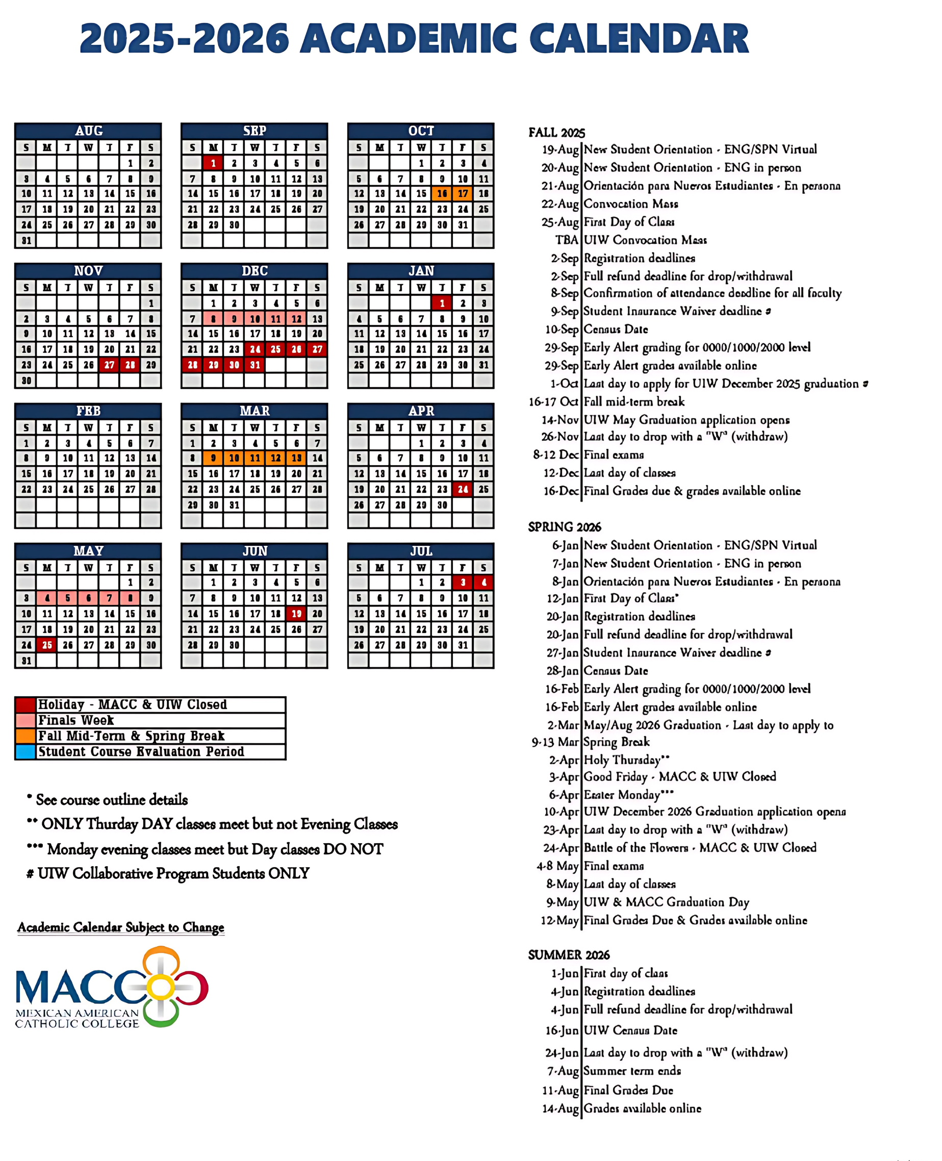 2025-2026 MACC Academic Calendar Image - MACC